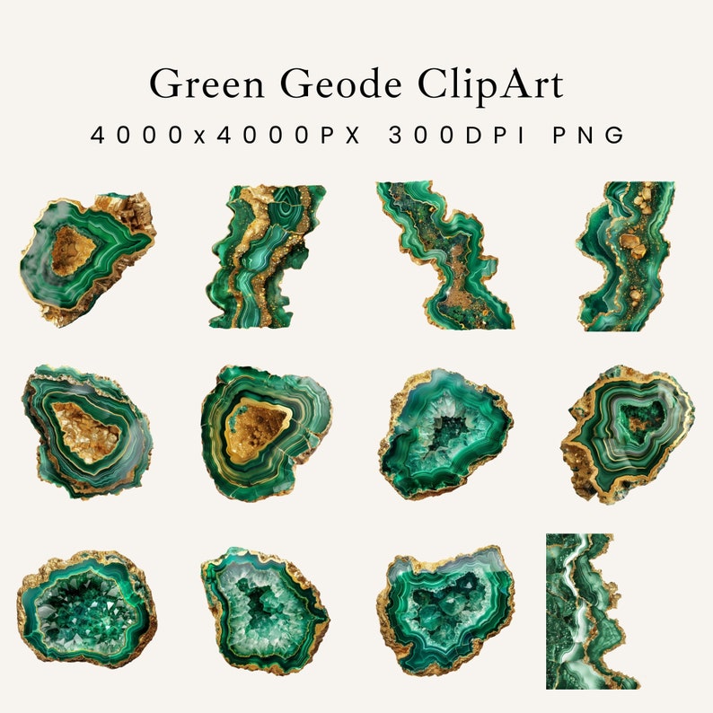 Emerald Green Geode Clipart: Gold Glitter Gemstone Art (digital ...