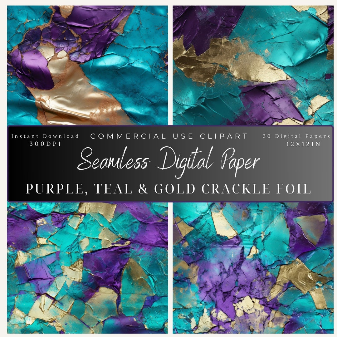 Teal and Purple Digital Paper-crackle Foil Seamless -metallic Textures ...
