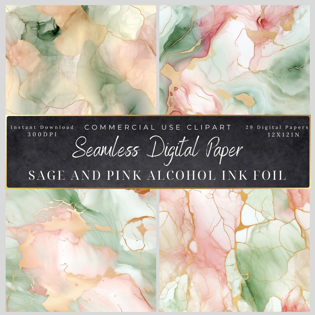 Sage Green, Blush Pink & Gold Alcohol Ink Foil Seamless Digital Paper ...