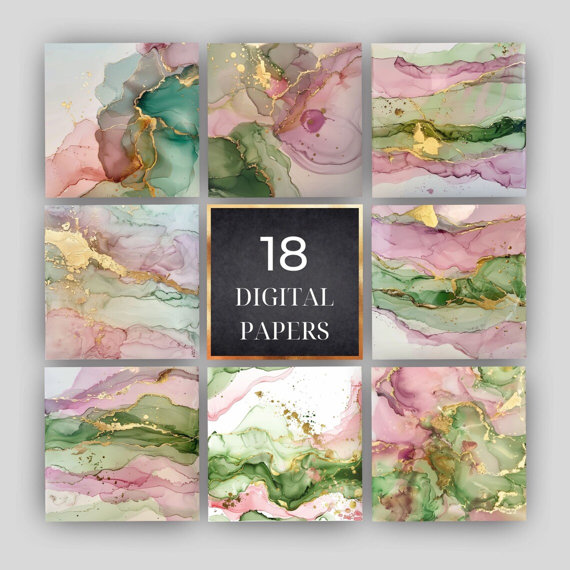 Sage and Pink Digital Papers- Textures Alcohol Ink-gold- Clipart-jpeg ...