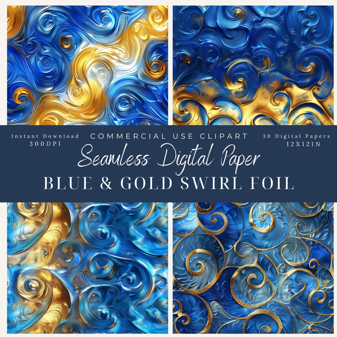 Blue & Gold Foil Swirl Seamless Digital Paper Clipart-commercial Use ...