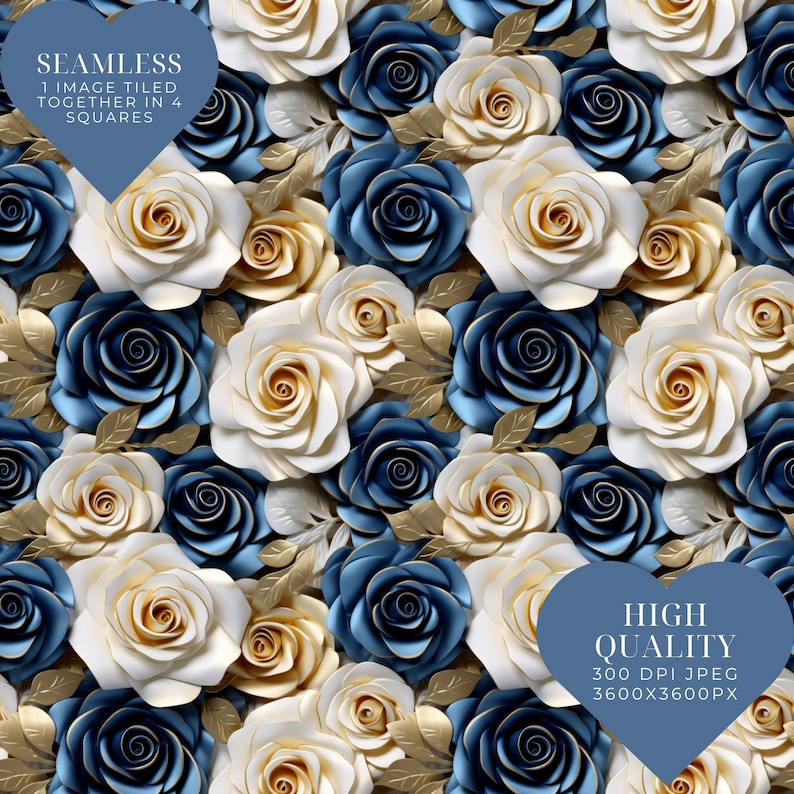 Blue and Gold Roses Seamless Digital Paper Clipart, Floral Patterns ...