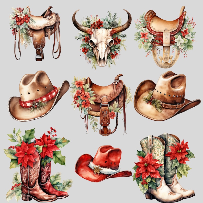 Watercolor Western Christmas Clipart Pack -western Santa- Cowboy Santa ...