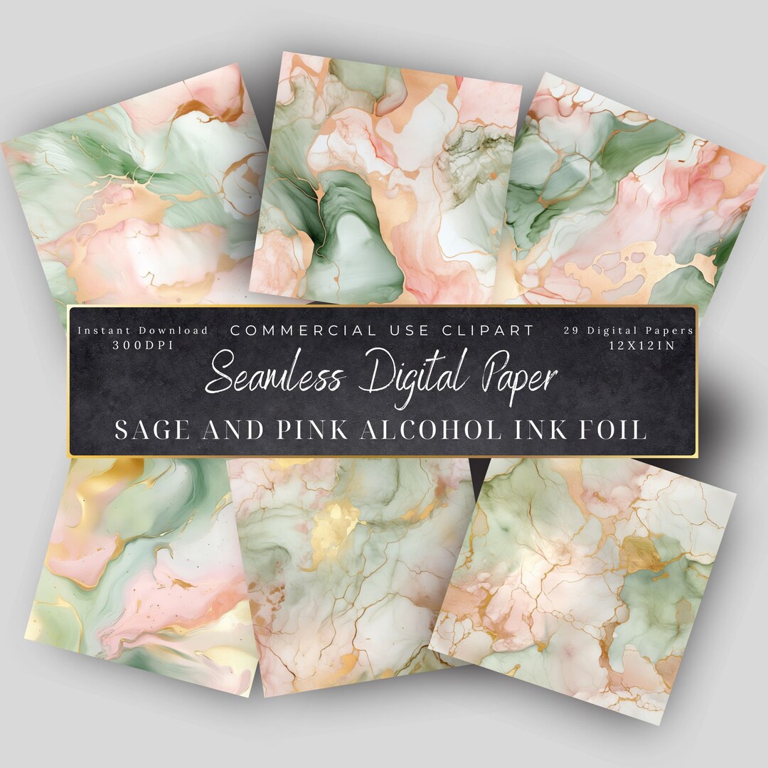 Sage Green, Blush Pink & Gold Alcohol Ink Foil Seamless Digital Paper ...