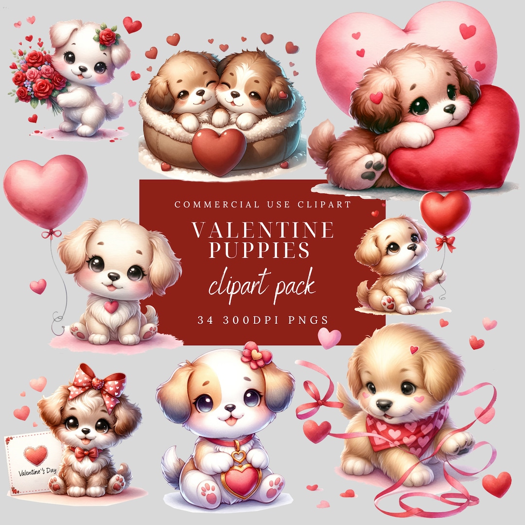 Valentines Day Puppies Clipart Pack -watercolor Puppies Valentines Clip ...