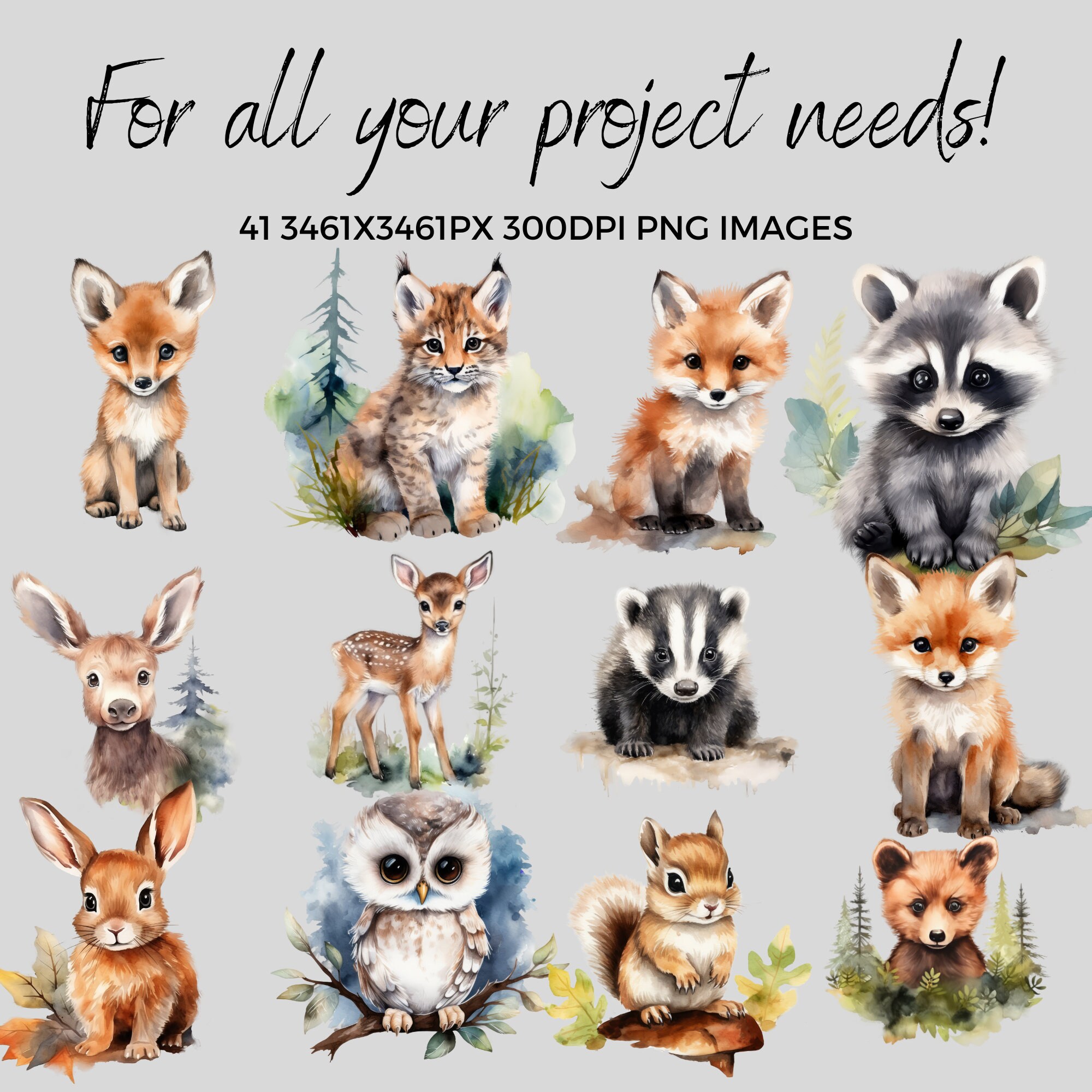 Watercolor Woodland Baby Animal Clipart-baby Foxes, Bears, Racoon ...
