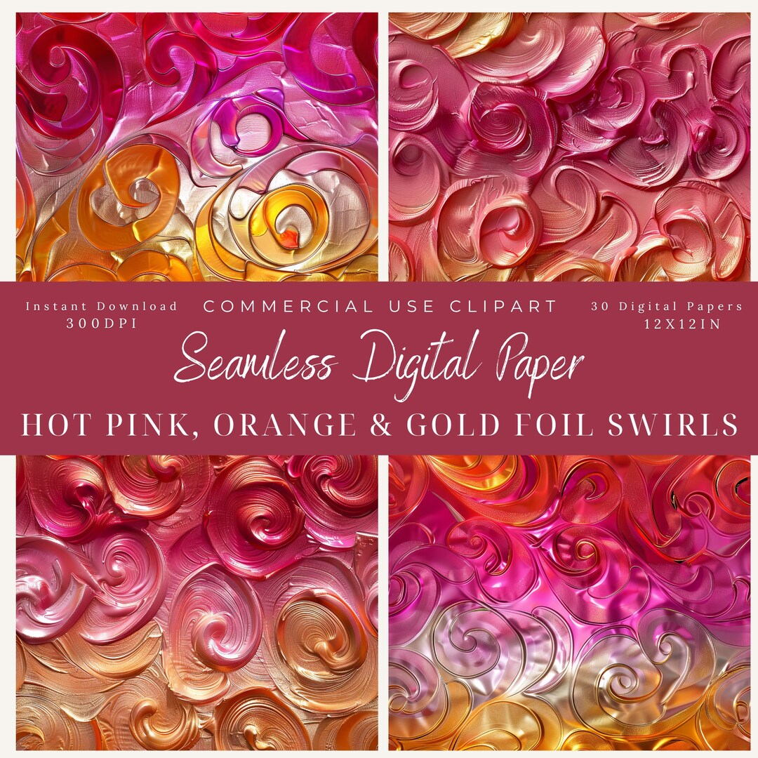Hot Pink, Orange & Gold Foil Seamless Digital Paper-commercial Use ...