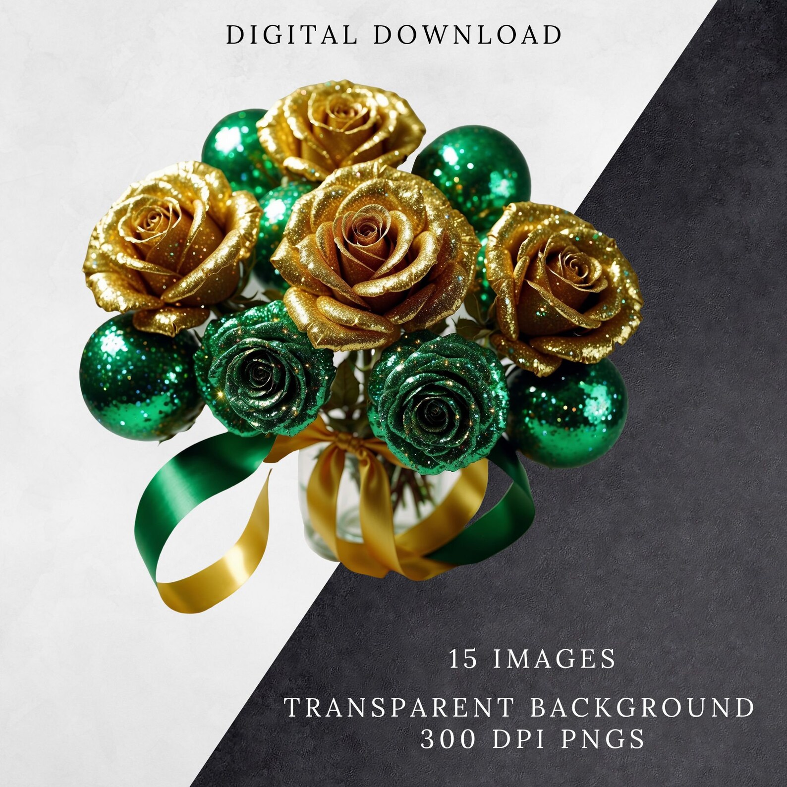 Emerald Green Flower Clipart-gold & Green Sparkle Rose Bouquets-invites ...