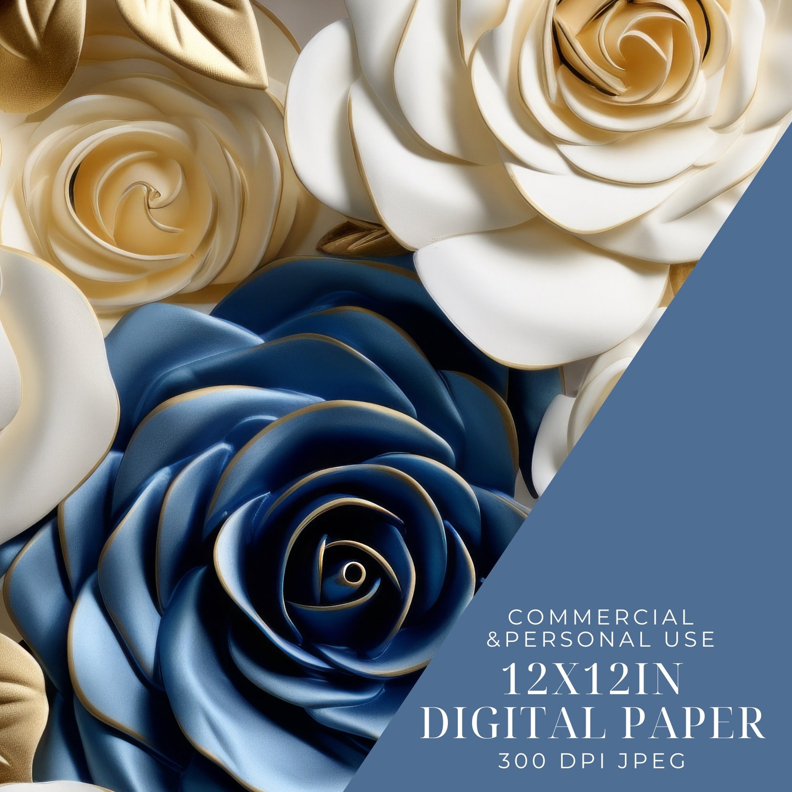 Blue and Gold Roses Seamless Digital Paper Clipart, Floral Patterns ...
