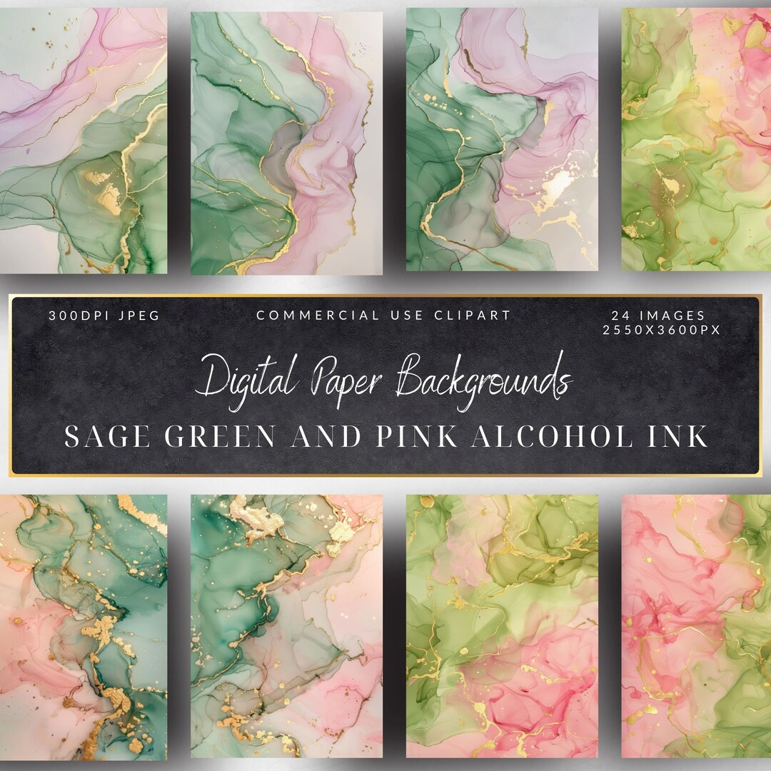 Sage Green and Pink Digital Papers-alcohol Ink-paper Craft Supplies ...