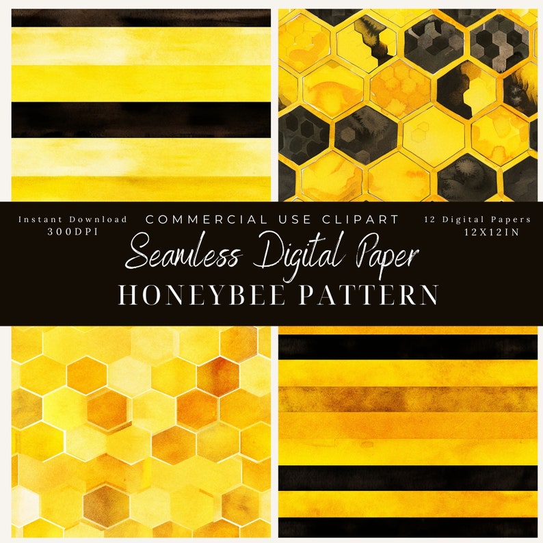Honey Bee Digital Paper Seamless Pattern Vibrant, Honeycomb, Watercolor ...