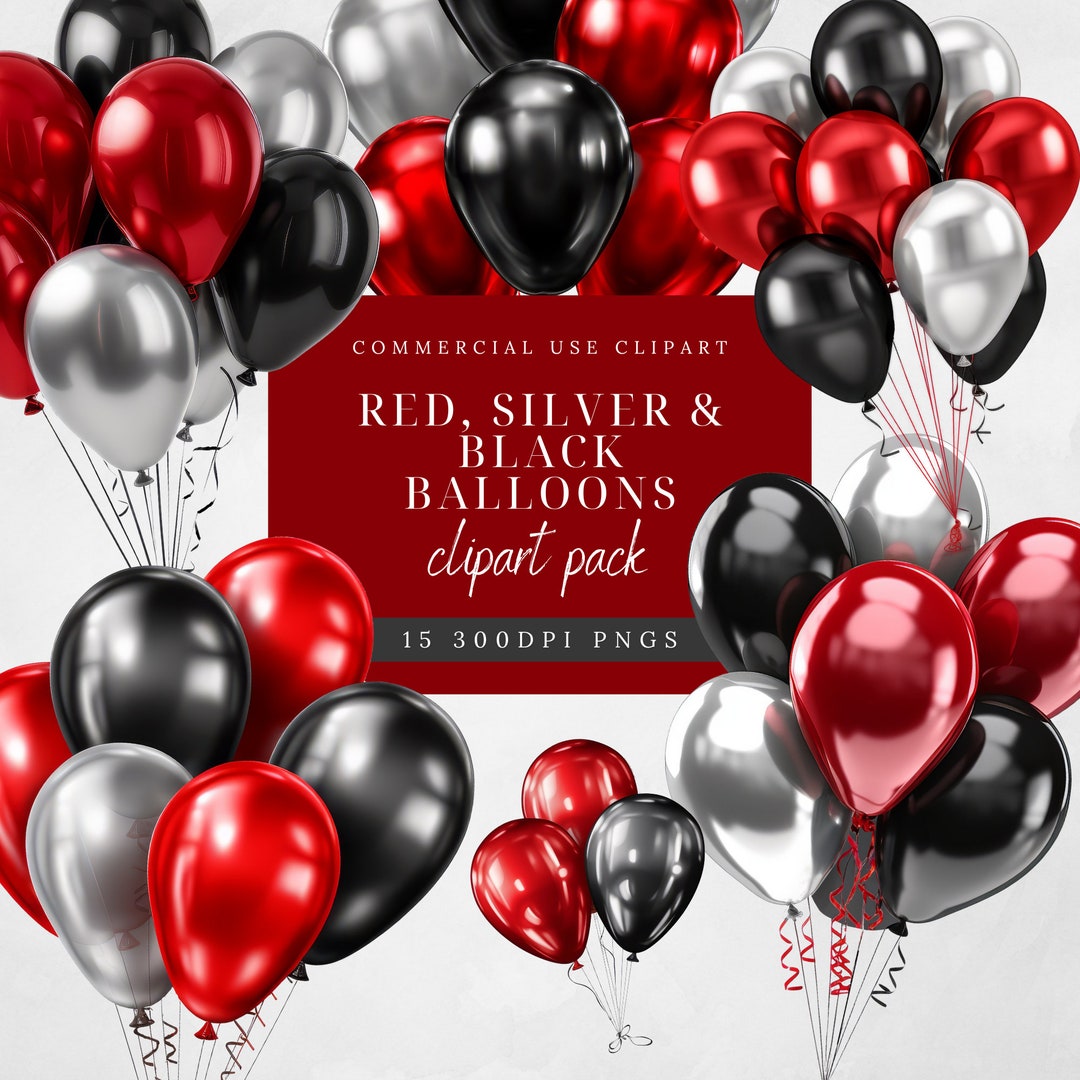Red, Black & Silver Balloon Clipart- 300DPI Transparent Png-valentine's ...