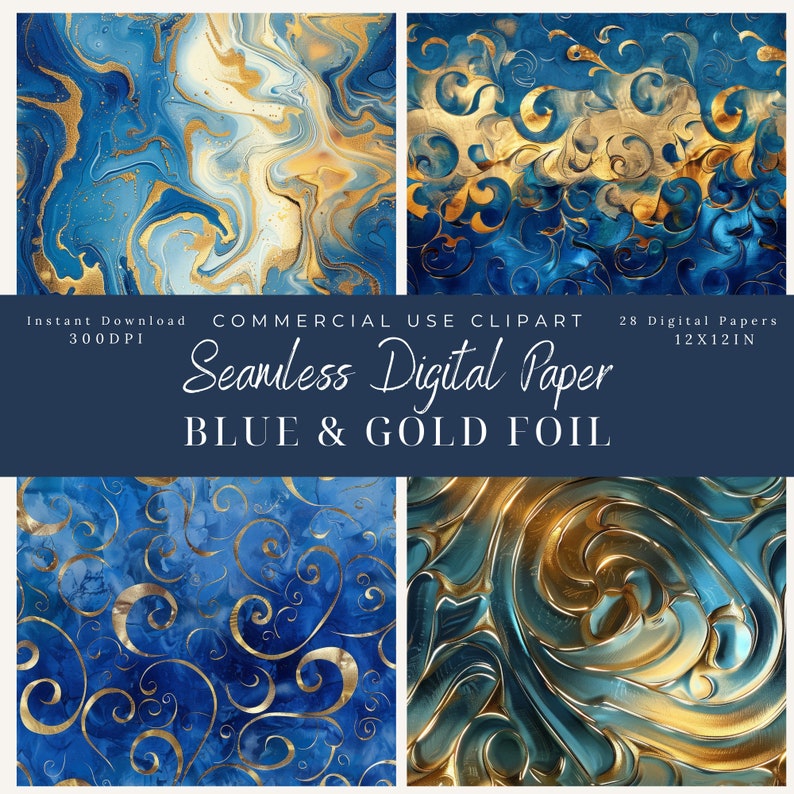 Blue & Gold Foil Seamless Digital Paper Clipart-commercial Use-patterns ...