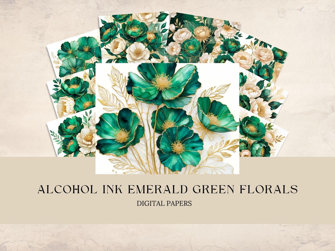 Emerald Green Floral Alcohol Ink Digital Paper: US Letter (digital ...