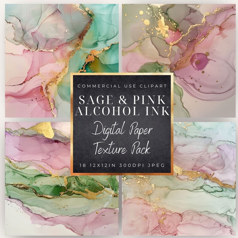 Sage and Pink Digital Papers- Textures Alcohol Ink-gold- Clipart-jpeg ...