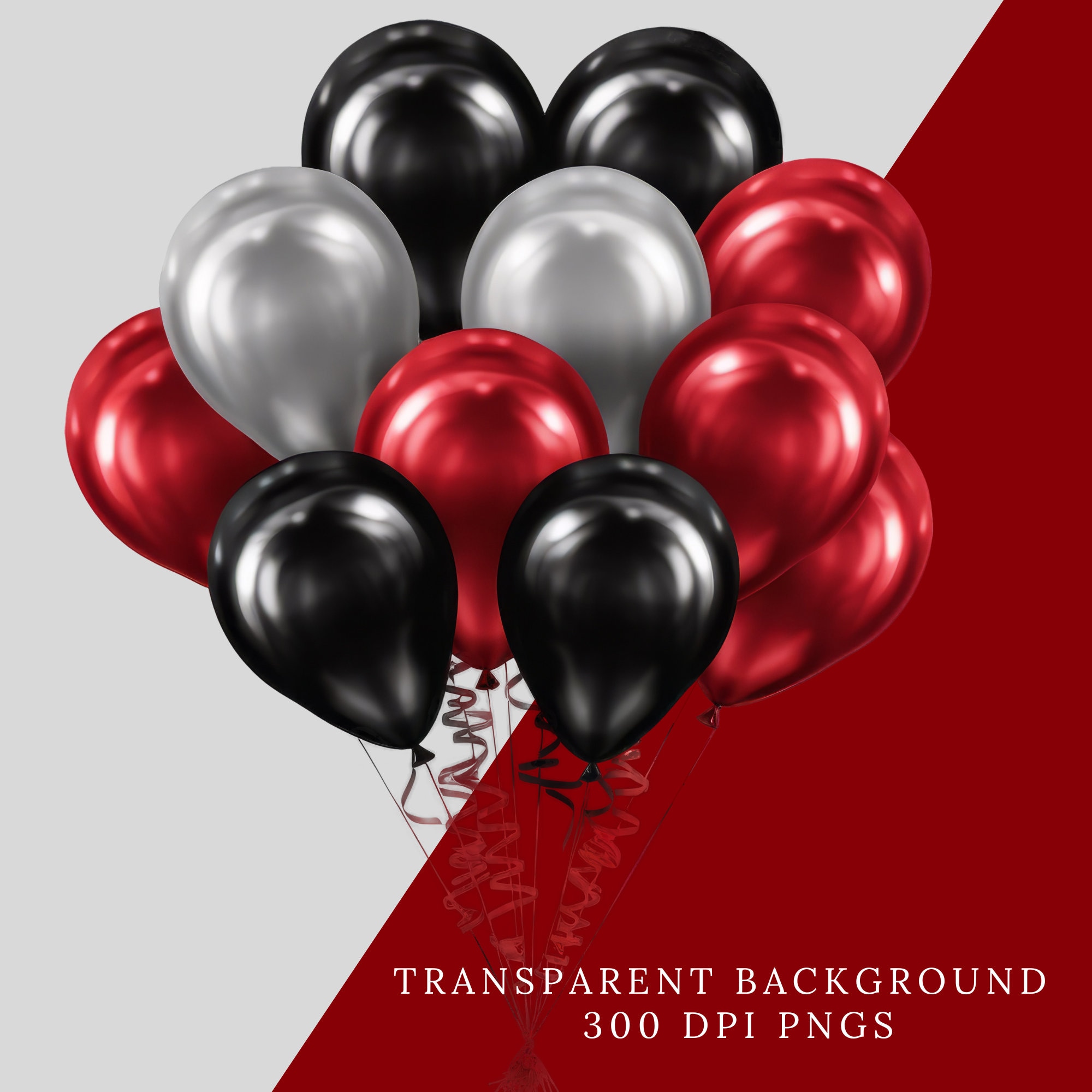 Red, Black & Silver Balloon Clipart- 300DPI Transparent Png-valentine's ...
