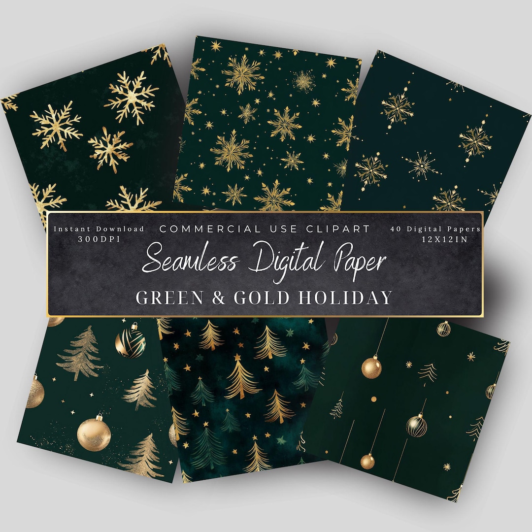Christmas, Green & Gold Metallic Seamless Digital Paper-commercial Use ...