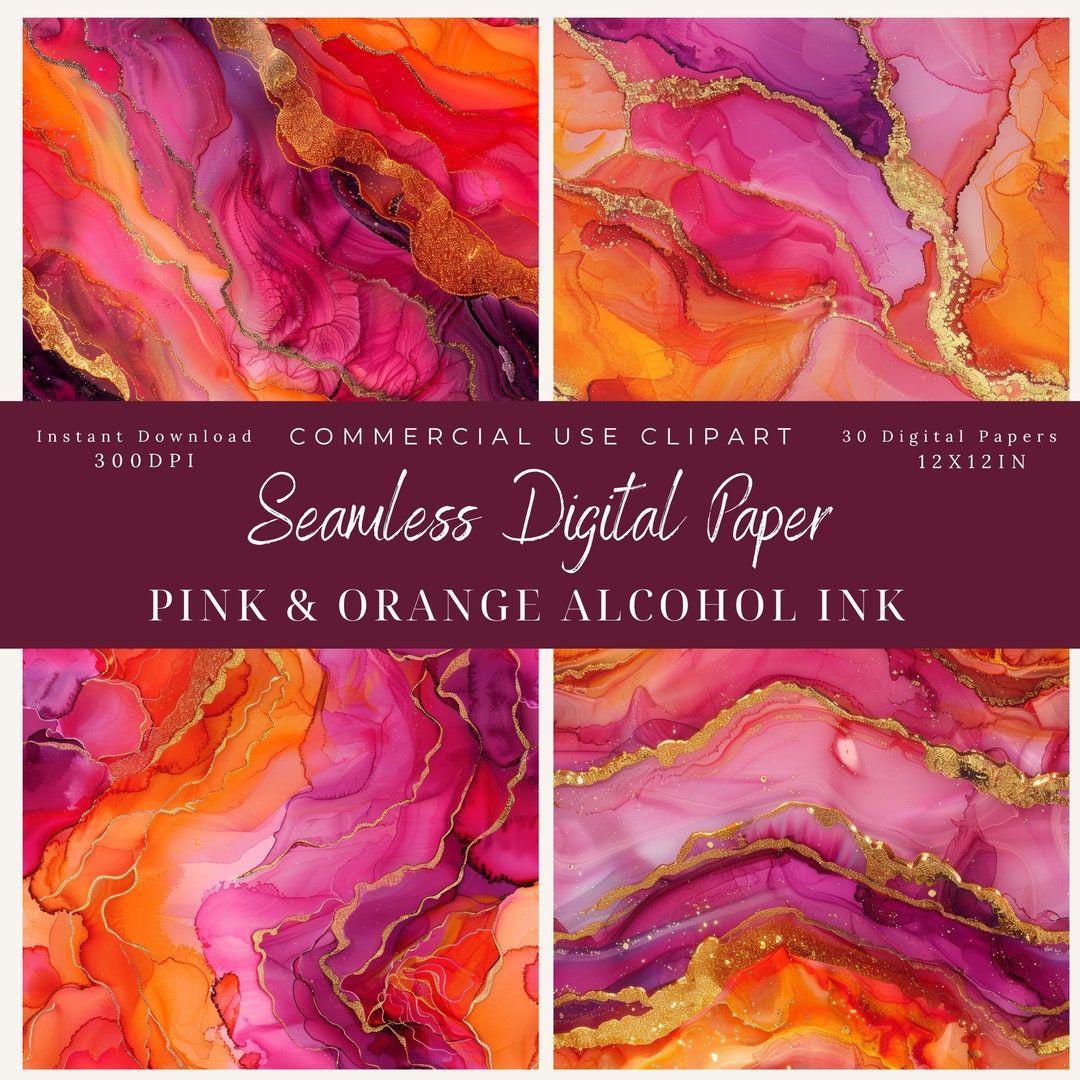 Pink and Orange Sunset Alcohol Ink Glitter Seamless Digital Paper ...