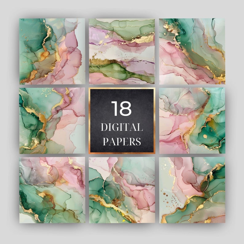 Sage and Pink Digital Papers- Textures Alcohol Ink-gold- Clipart-jpeg ...