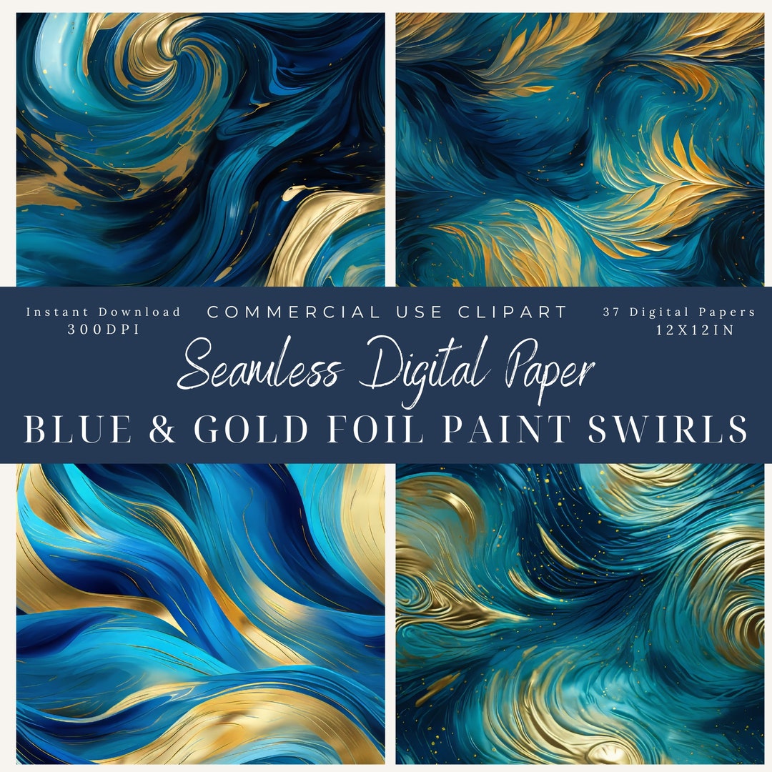 Blue & Gold Foil Paint Swirls Seamless Digital Paper-commercial Use ...