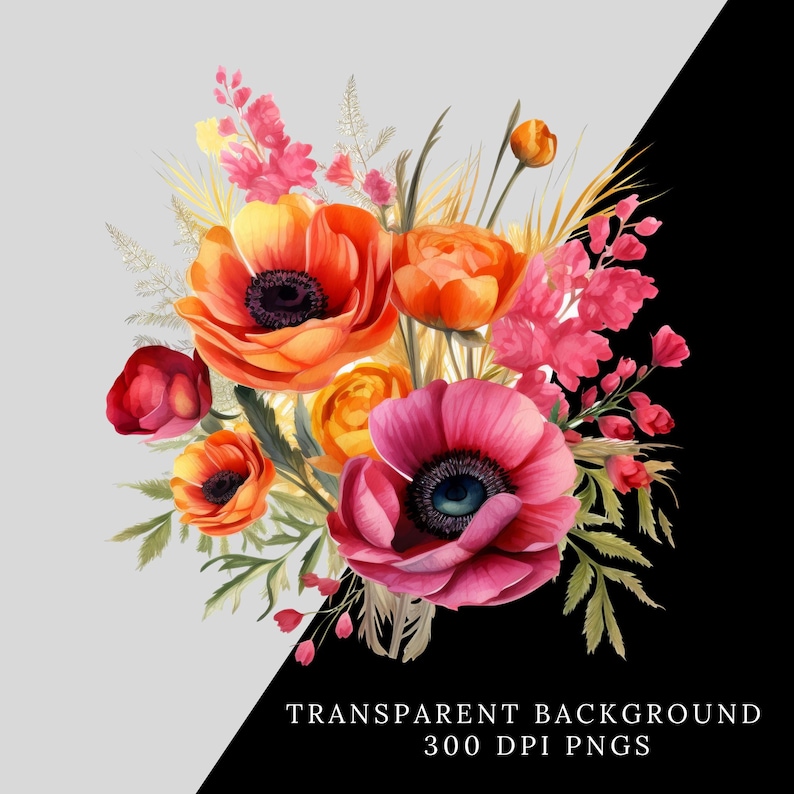 Pink and Orange Watercolor Floral Clipart: Flower Frame (digital ...
