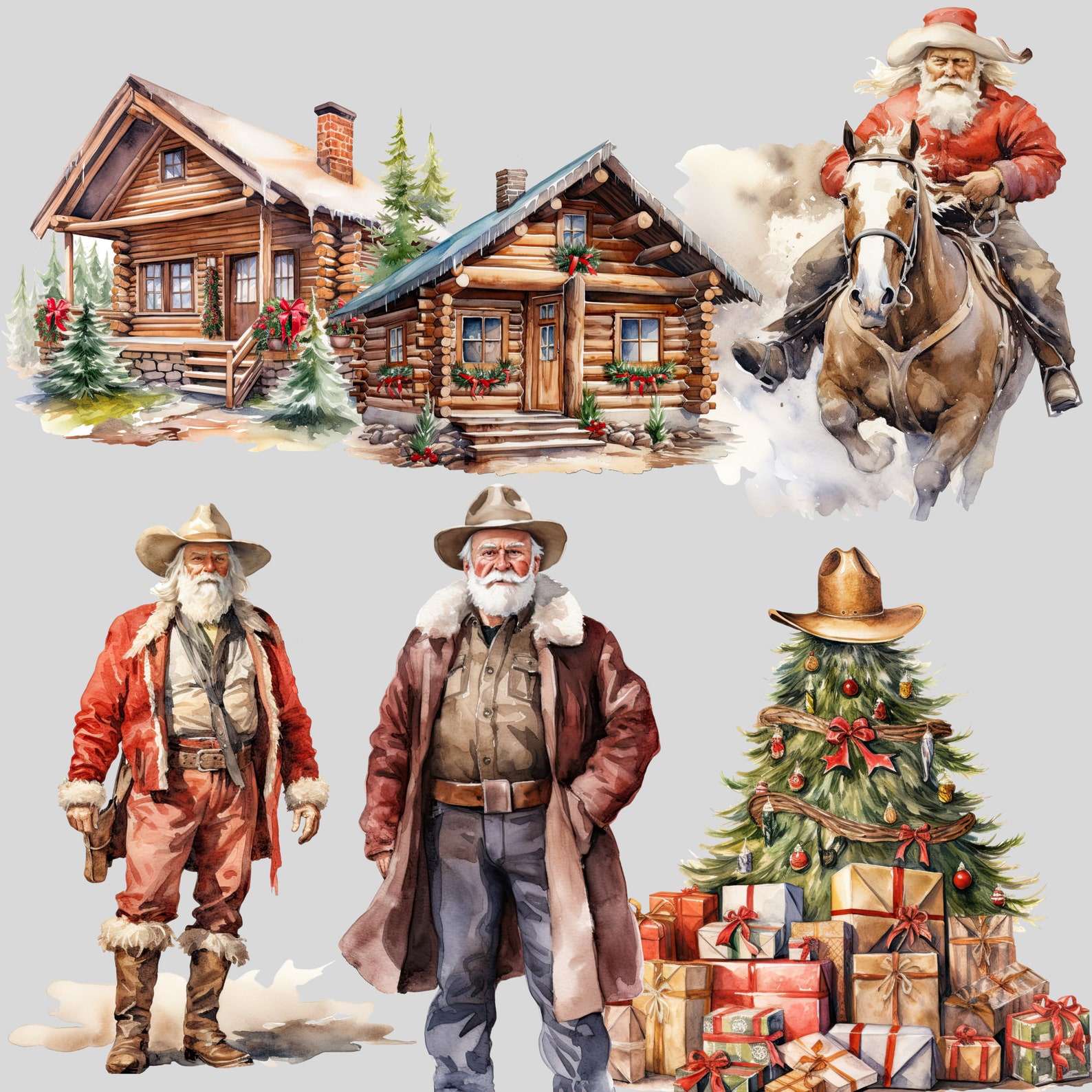 Watercolor Western Christmas Clipart: Cowboy Santa Pngs (46 Files) - Etsy