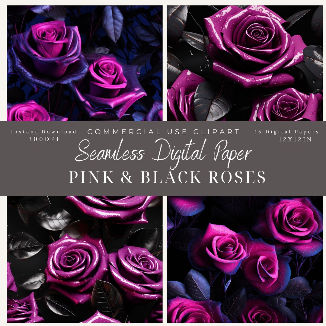 Pink & Black Roses Seamless Digital Paper, Gothic Rose Floral Patterns ...