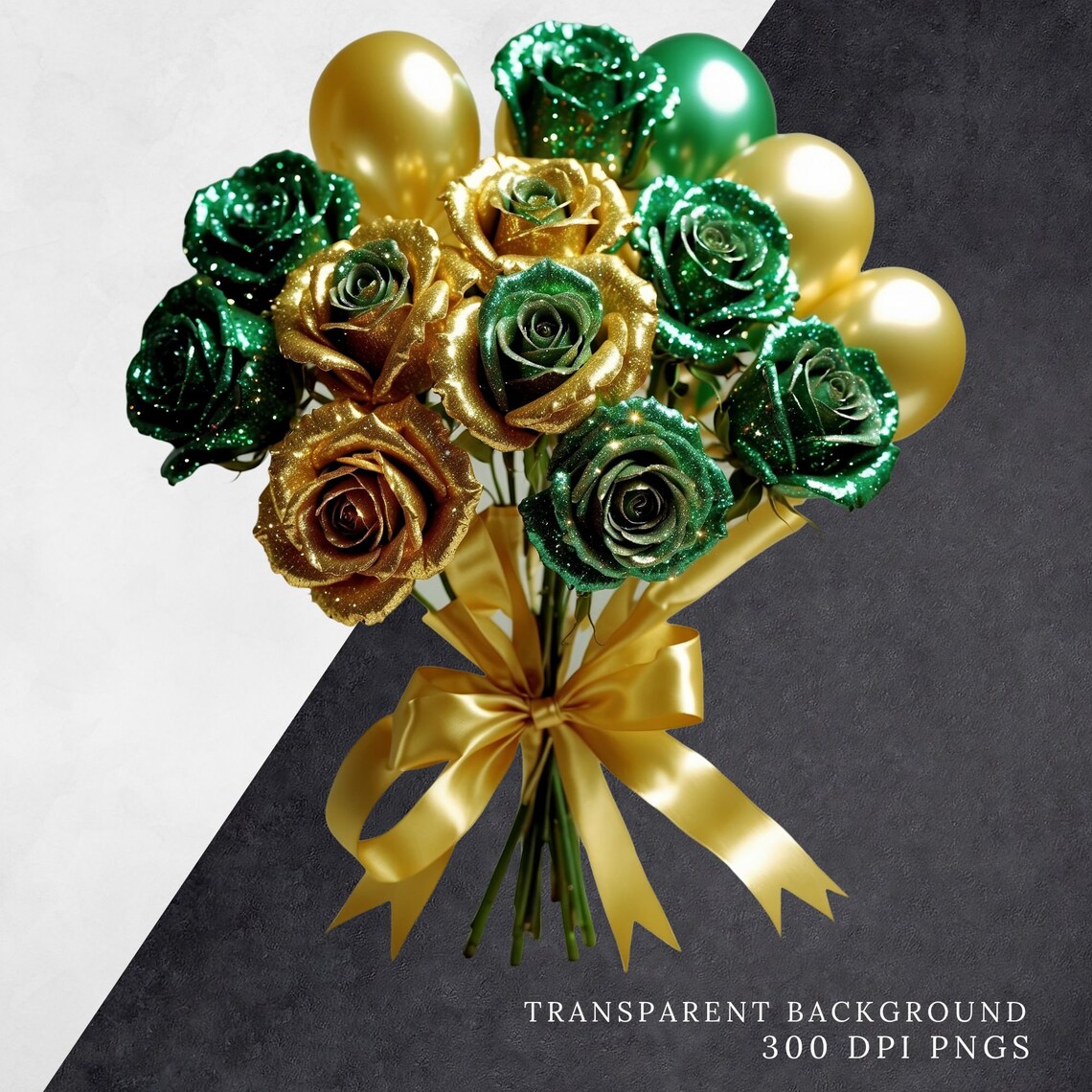 Emerald Green Flower Clipart-gold & Green Sparkle Rose Bouquets-invites ...