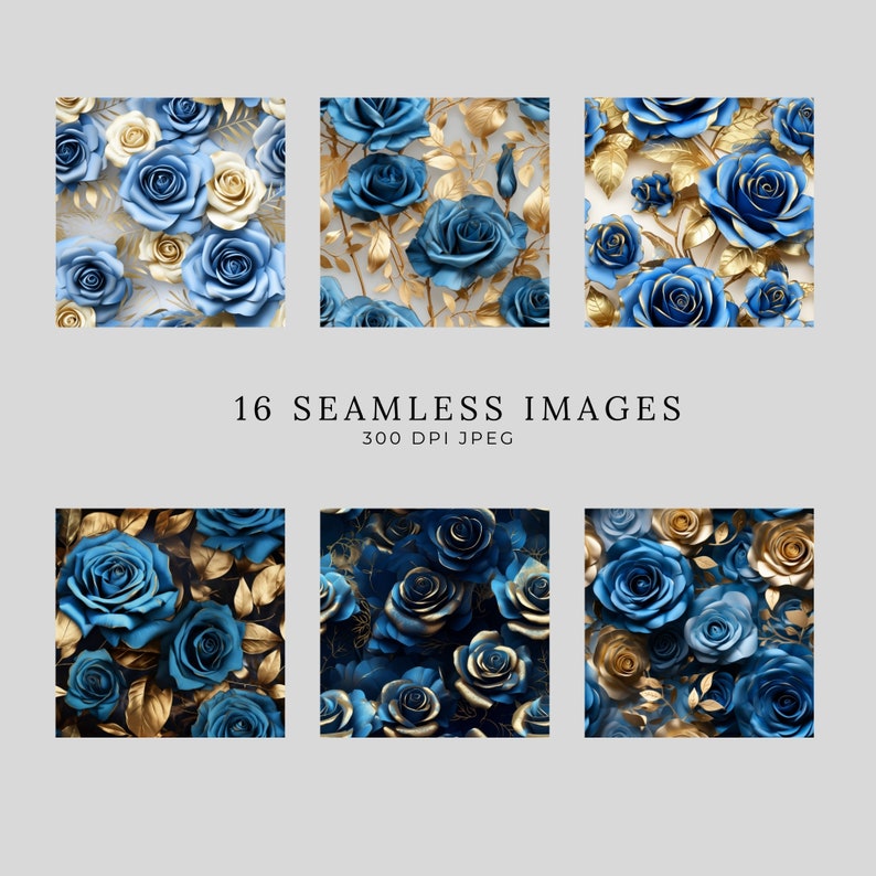Blue and Gold Roses Seamless Digital Paper Clipart, Floral Patterns ...