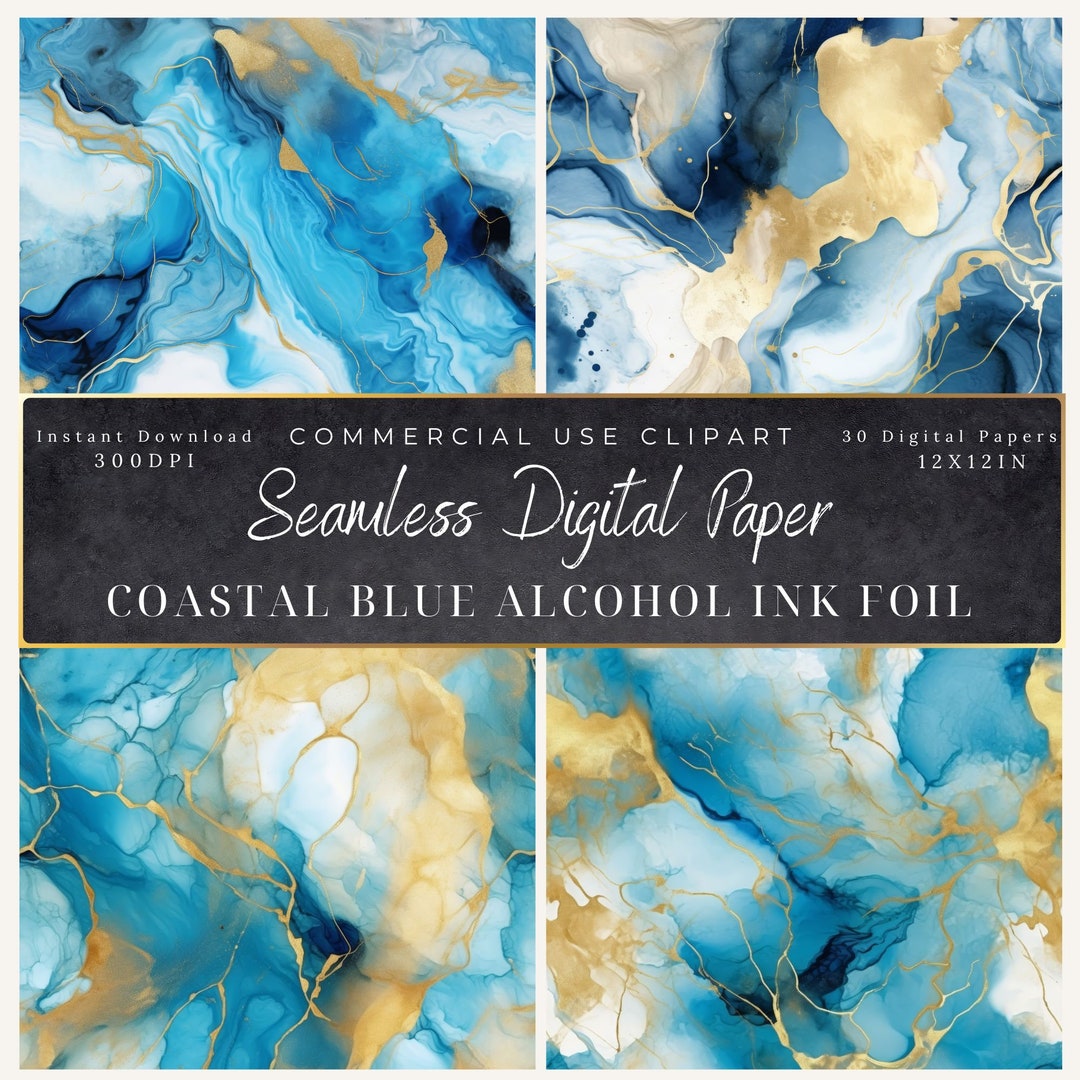 Coastal Blue & Gold Foil Seamless Digital Paper Clipart-metallic Marble ...