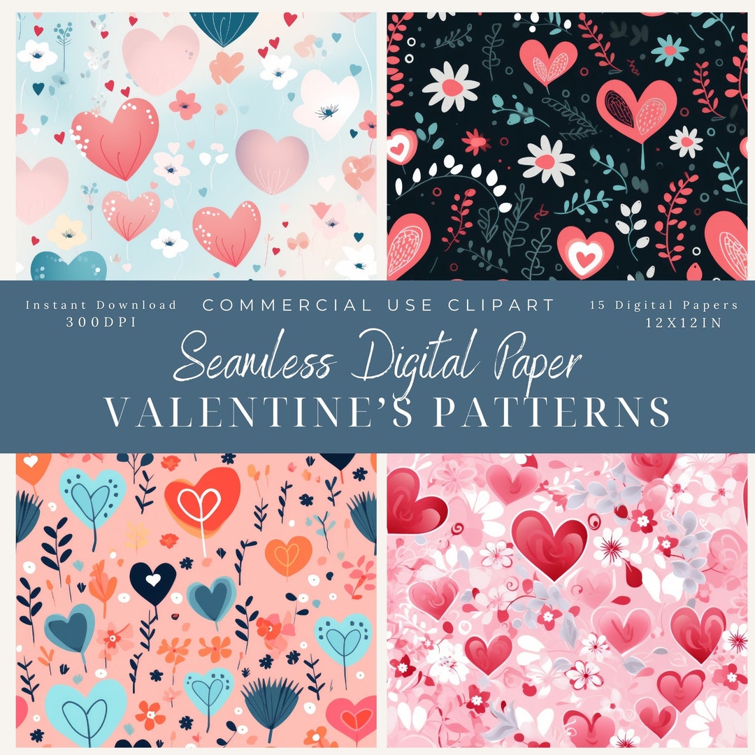 Valentine's Patterns Digital Paper Seamless Clipart, Hearts and Flowers ...