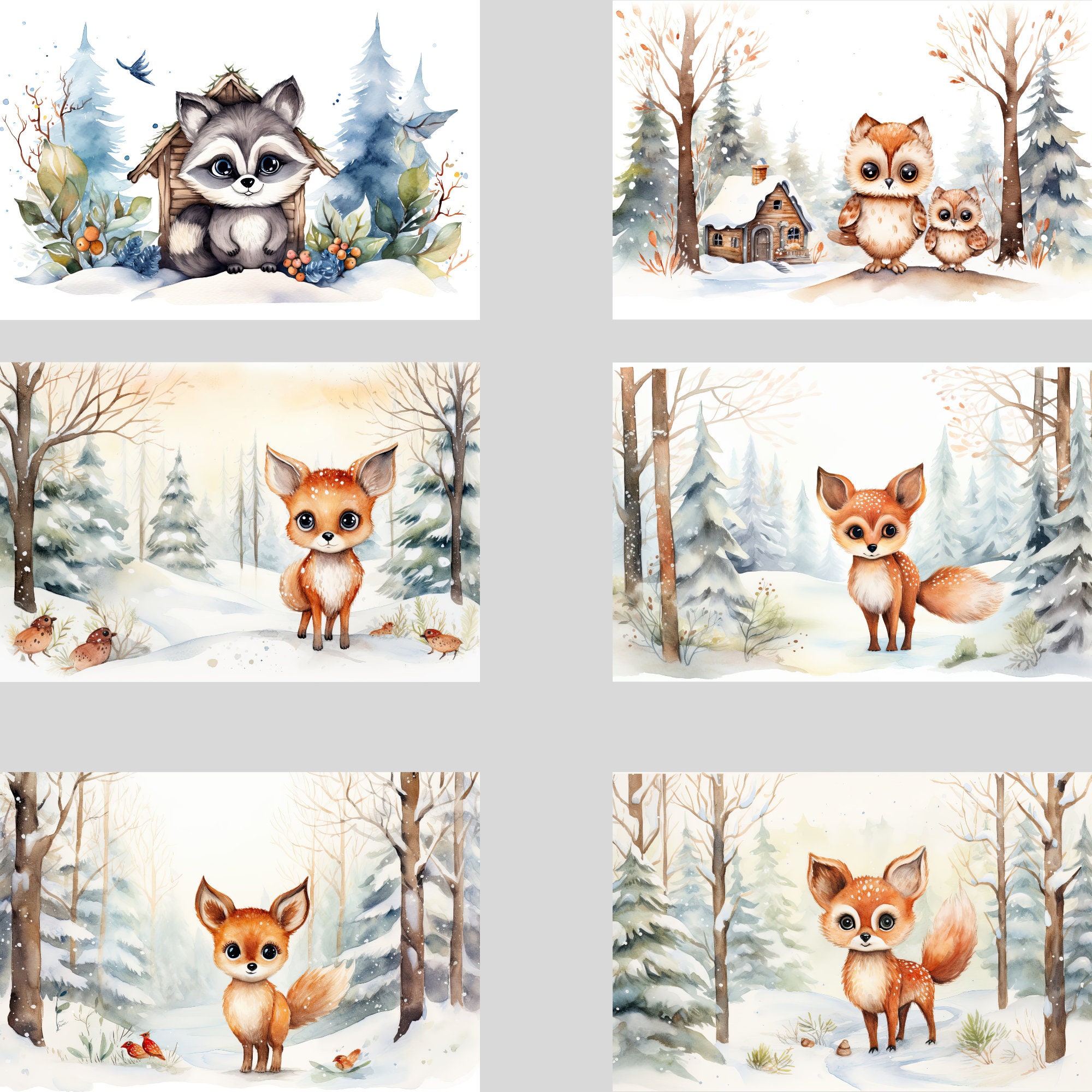 Winter Woodland Animals Watercolor Clipart: Snowy Forest JPEG (300DPI ...