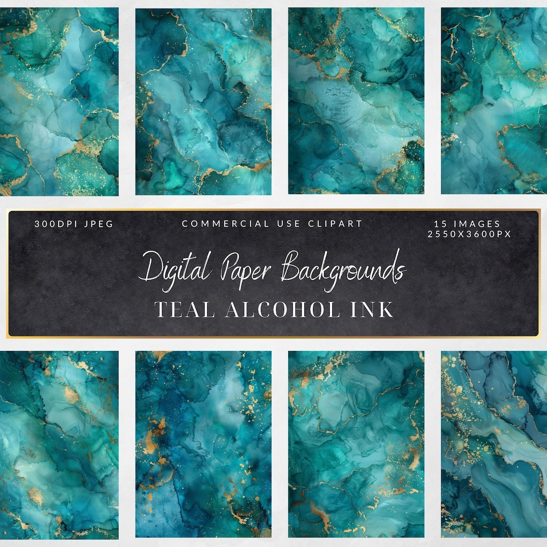 Teal & Gold Alcohol Ink Backgrounds-digital Papers-paper Craft Supplies ...