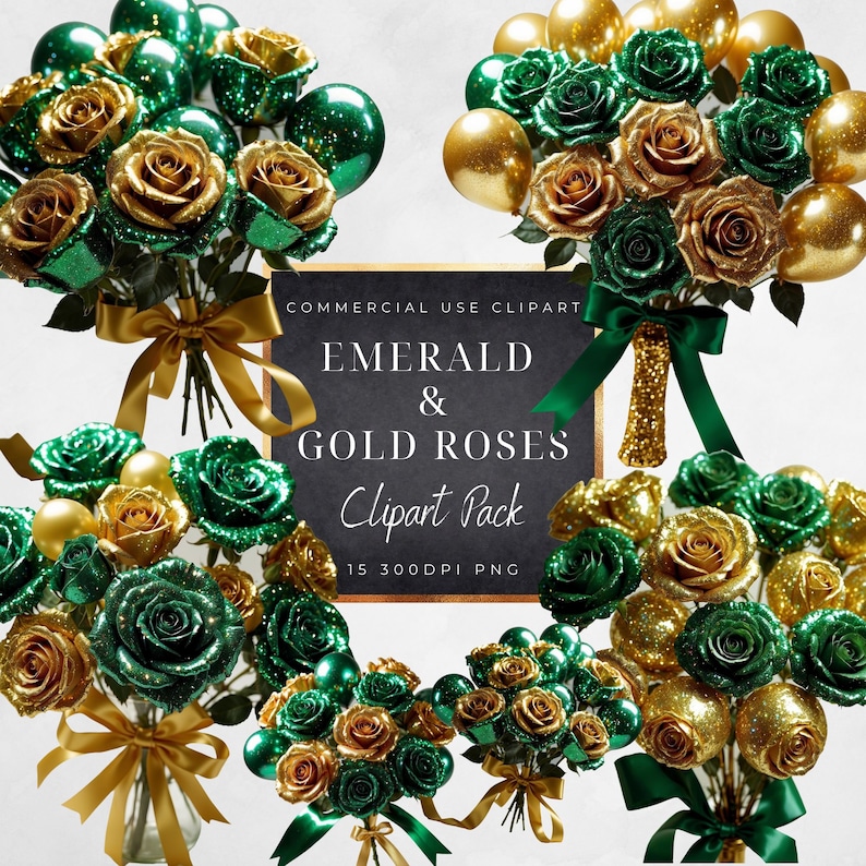 Emerald Green Flower Clipart-gold & Green Sparkle Rose Bouquets-invites ...