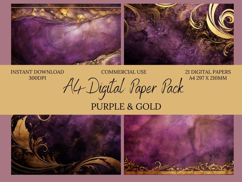 Purple & Gold Digital Paper Clipart-commercial Use-a4 Size-scrapbook ...
