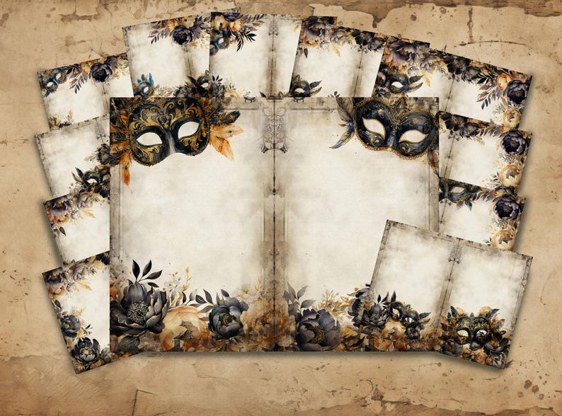 Masquerade Junk Journal Paper-digital Paper-black and Gold Florals ...