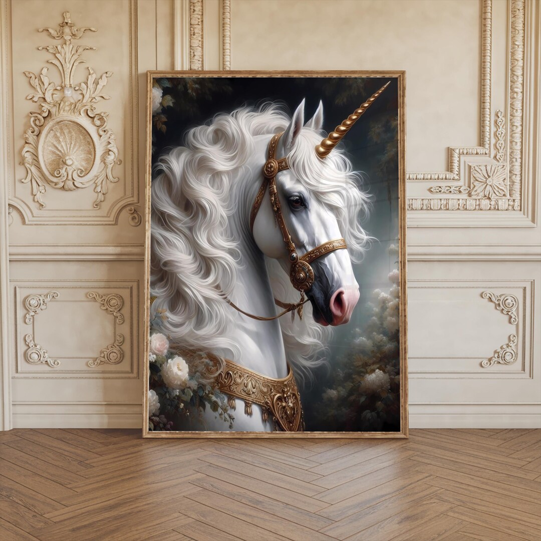 Unicorn, White Victorian Shire Horse, Flowers, Vintage Medieval ...