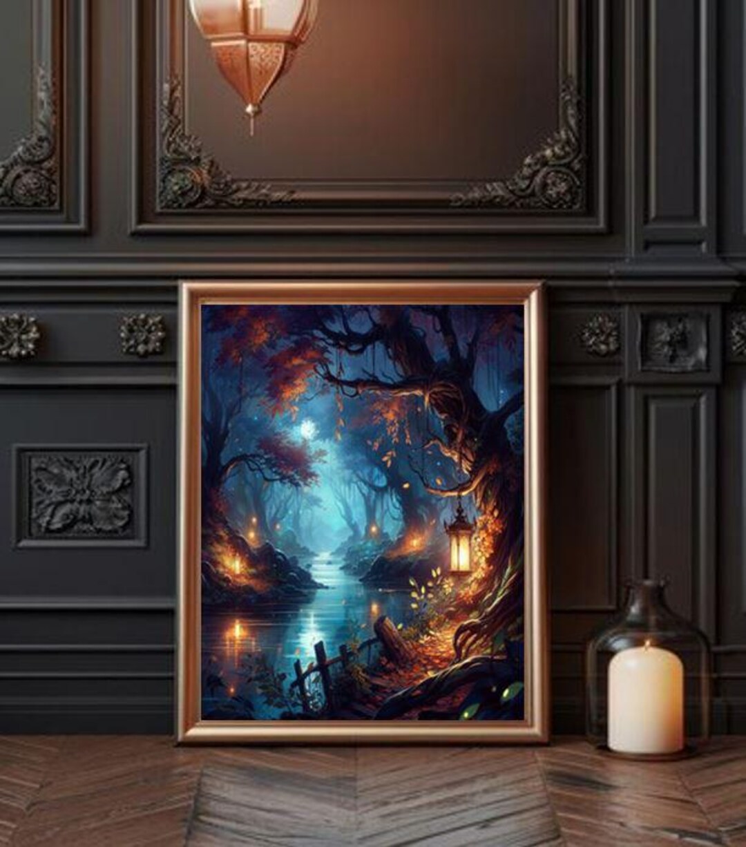 Magical Enchanted Night Forest, Water, Fireflies, Lanterns, Illuminated ...