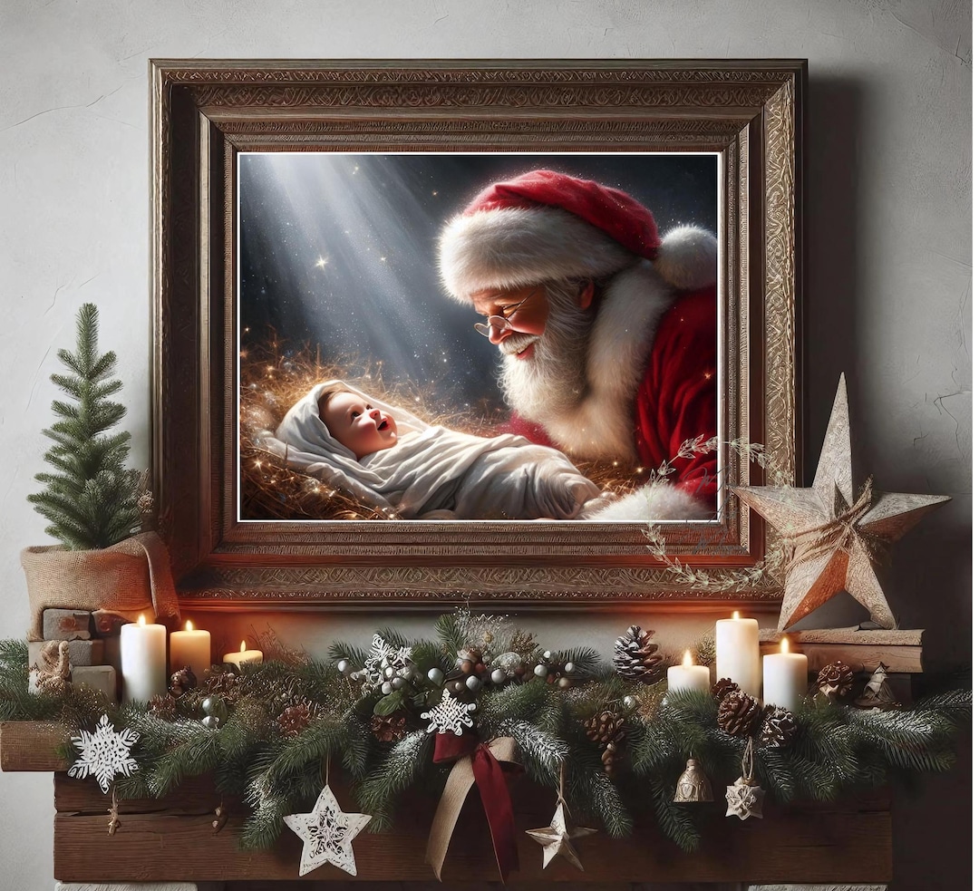 Baby Jesus, Manger, Santa Claus Christmas Winter Painting Nativity ...
