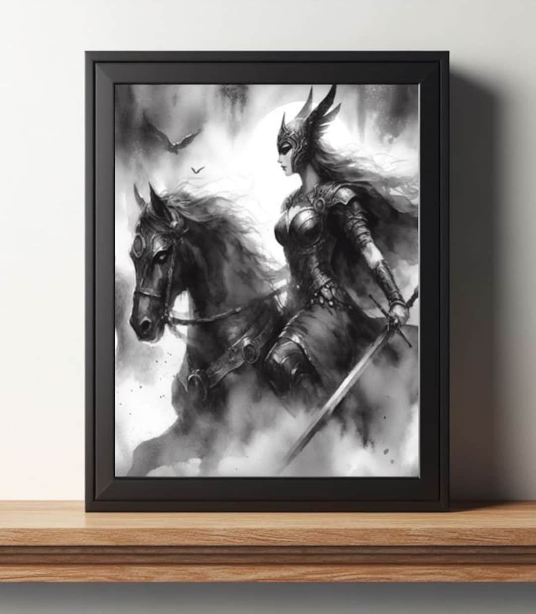 Medieval Valkyrie Warrior Viking Woman on Horse , Dark Fantasy Misty ...