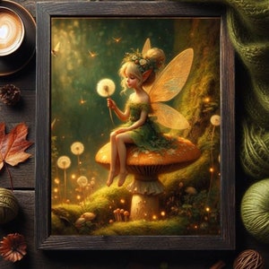 Forest Fairy Sitting on Mushroom Holding Dandelion Tinkerbell Painting ...