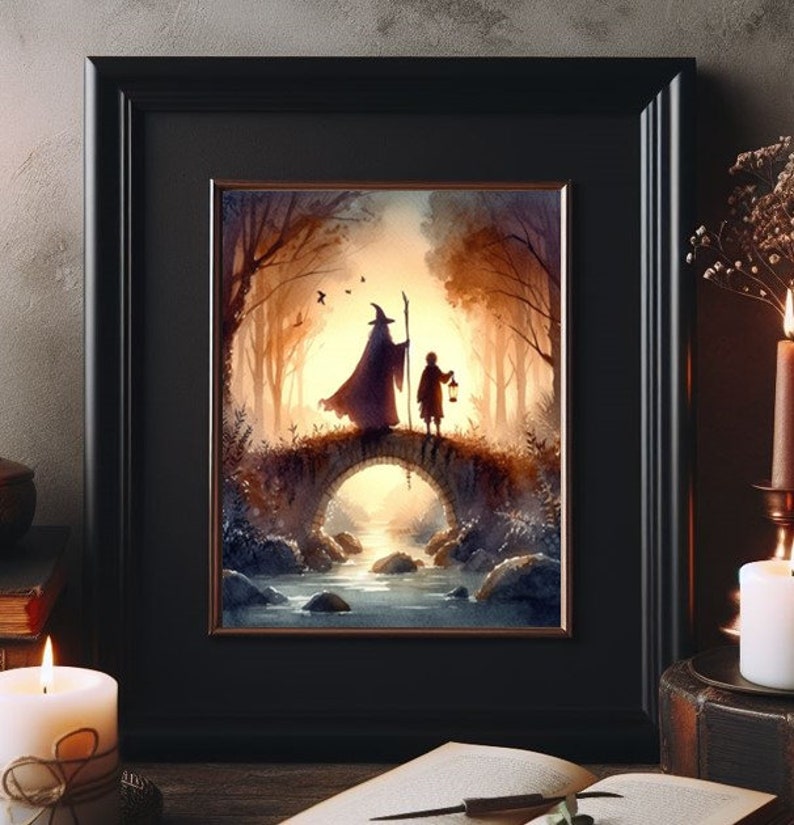 Hobbit Gandalf Frodo Lord of the Rings Magical Adventure Forest Tree Hobbiton Bridge Watercolor ...
