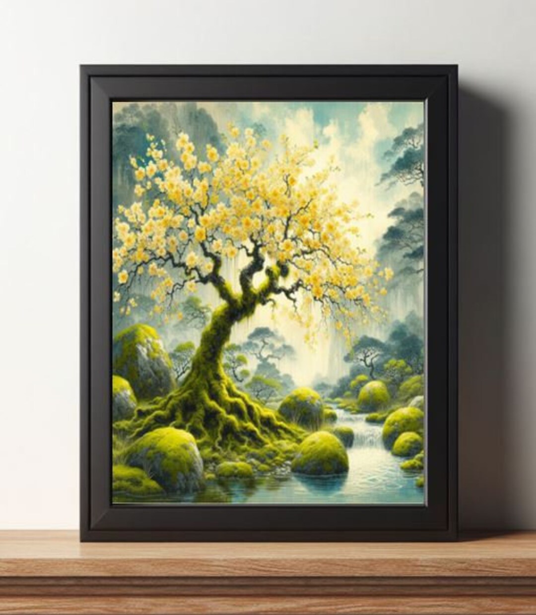 Japanese Yellow Cherry Tree Sakura Blossom Sun Water Moss Traditional ...