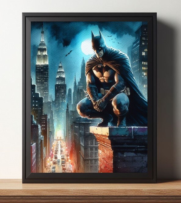 Batman on Ledge Watching Gotham City at Night, Moon, DC Comic ...