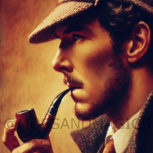 Sherlock Holmes Benedict With Beard Stubble Side Profile Pipe Vintage ...