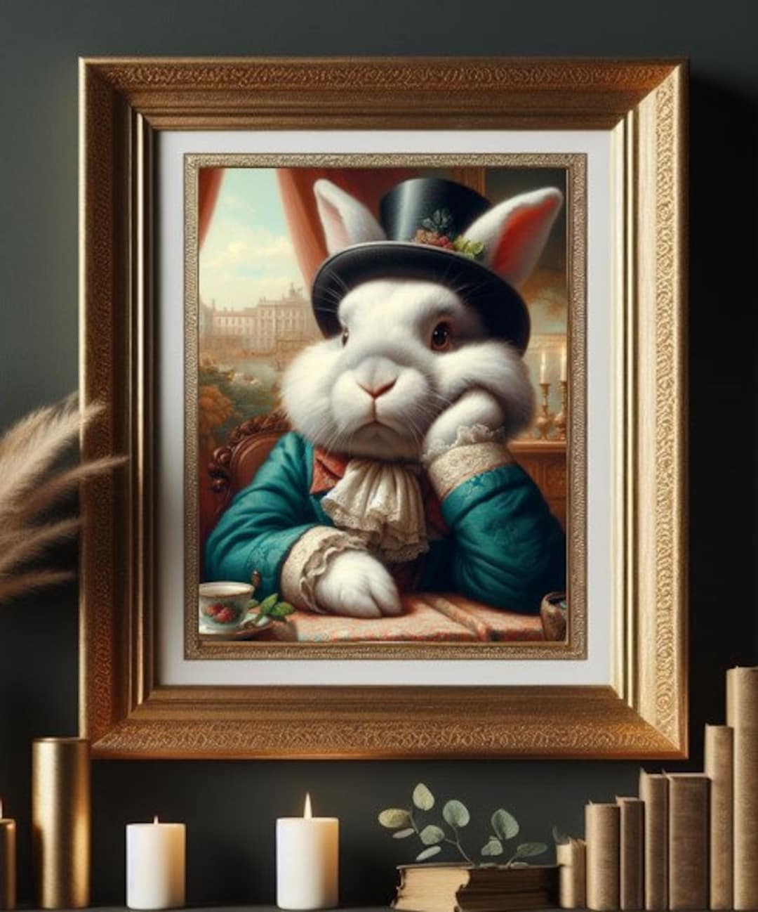 White Victorian Bunny Rabbit With Top Hat Tea Cup Alice in Wonderland ...