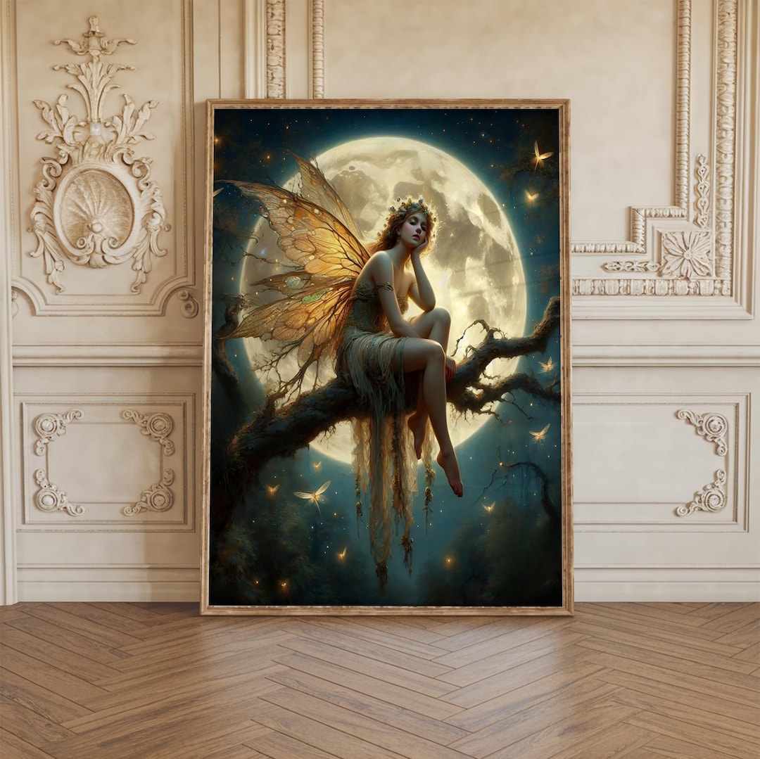 Forest Fairy Sitting on Branch in a Full Moon, Vintage Fantasy Fairy ...