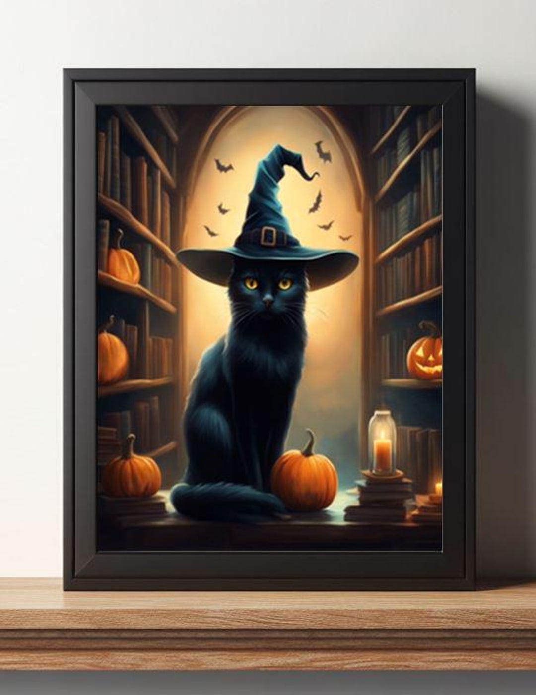 Halloween Black Cat With Witch Hat, Wizard, Library, Pumpkin, Bats ...