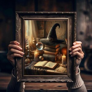 Witch Magic Spell Room, Witch Hat on Books, Crystal Ball, Halloween ...