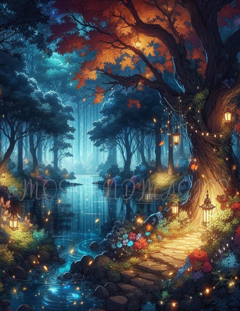 Magical Enchanted Night Forest, Water, Fireflies, Lanterns, Illuminated ...